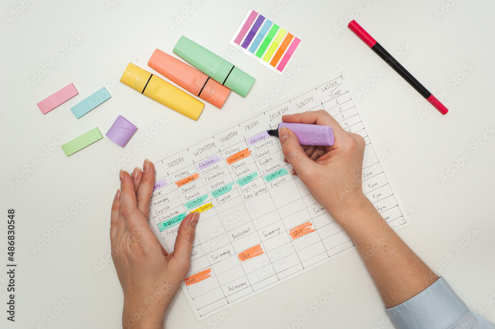 Planning the school year. Drawing up a student schedule. The girl makes ...