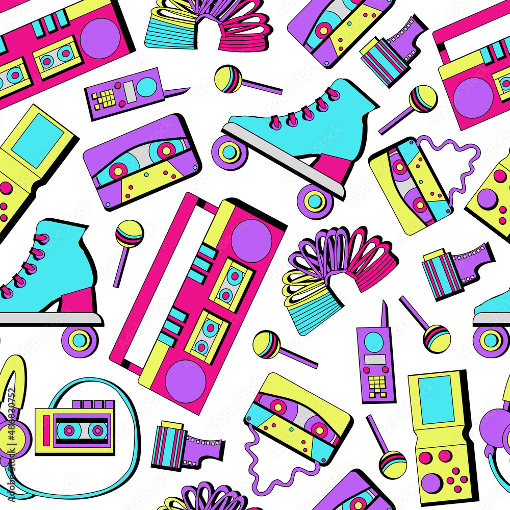 Seamless pattern of stickers cartoon 90s pop-art comic style. Hand ...