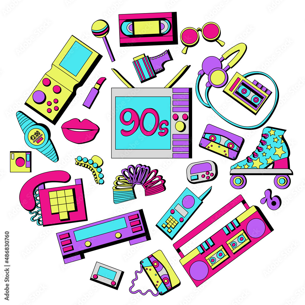 Hand drawn set of 90s, retro items placed in a circles. Set of retro ...