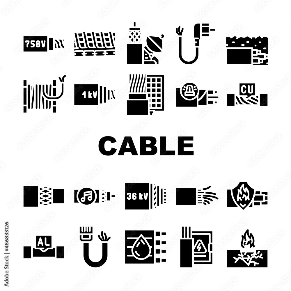 Cable Wire Electrical System Icons Set Vector. Optic And Internet Cable ...