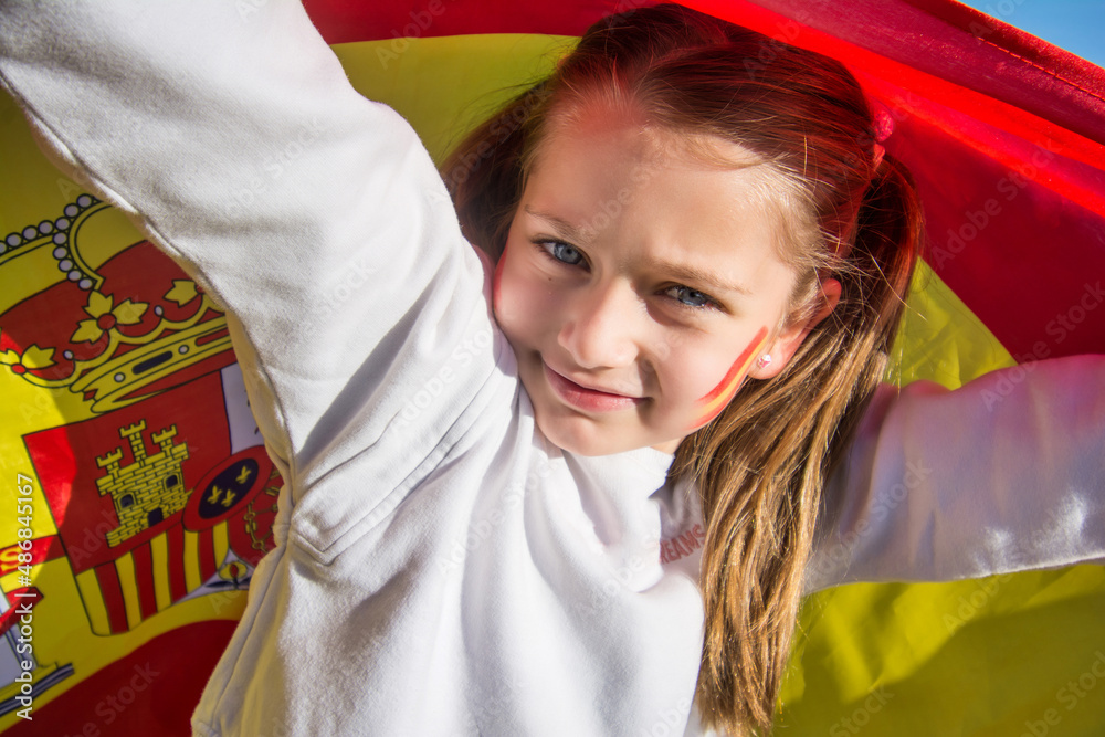Fan child With Spanish Flag Painted On His Face. Spanish Little Girl ...