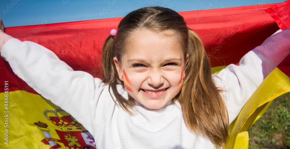 Fan child With Spanish Flag Painted On His Face. Spanish Little Girl ...