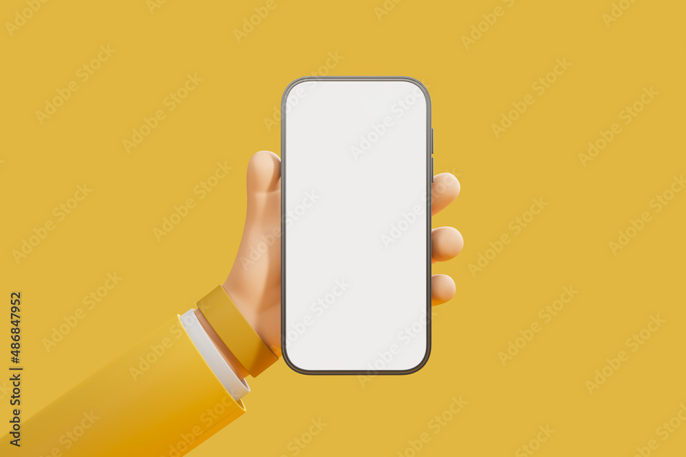 Cartoon character hold a mobile phone with mockup empty screen Stock ...
