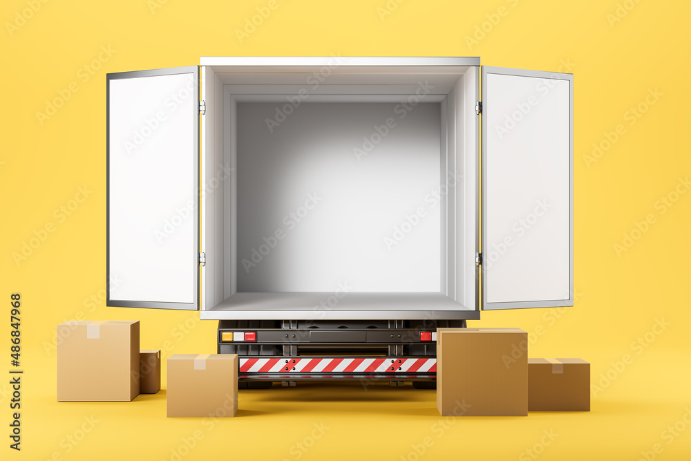 Empty trailer with cardboard boxes on the floor, shipment. Mockup Stock ...