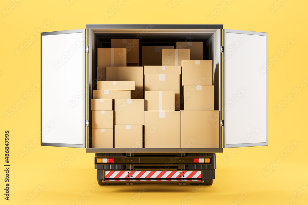 Trailer with cardboard boxes inside, ready for shipment. Mockup Stock ...