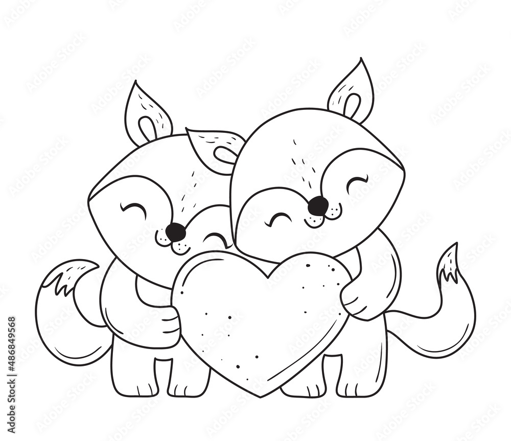 Adorable couple of foxes with heart. Foxes for coloring book.Line art ...