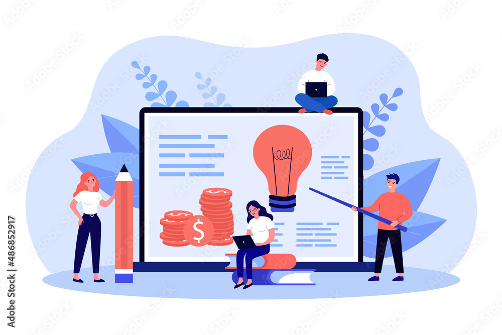 Big laptop and tiny business people studying financial literacy. Male ...