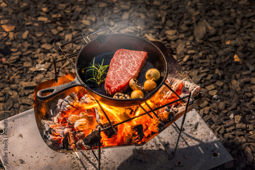 アウトドアでステーキ Beef steak grilled outdoors at camp Stock Photo | Adobe Stock