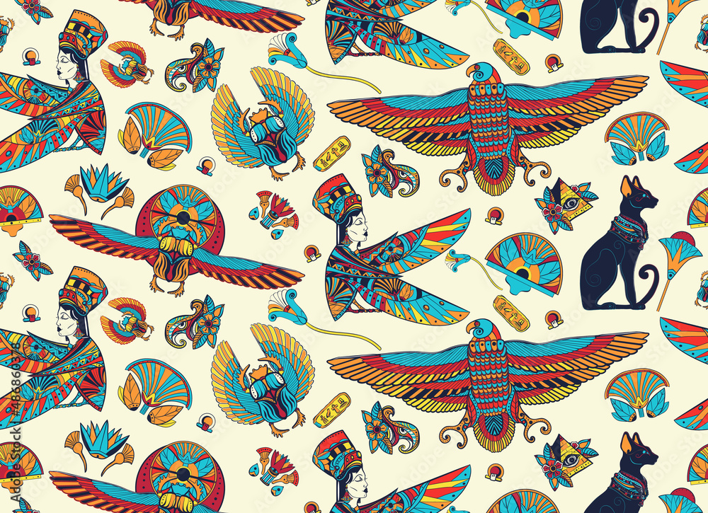 Ancient Egypt seamless pattern. queen Cleopatra, eye Horus. History art ...