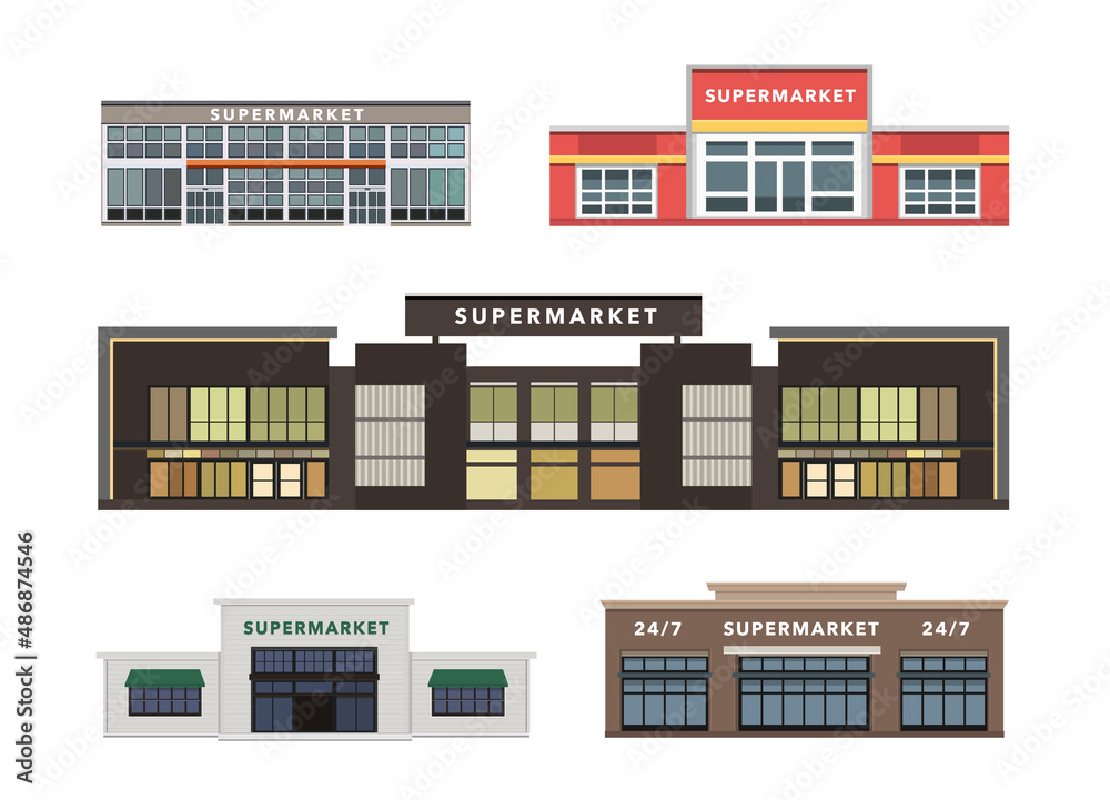 Supermarket buildings set. Set of isolated shopping center buildings of ...