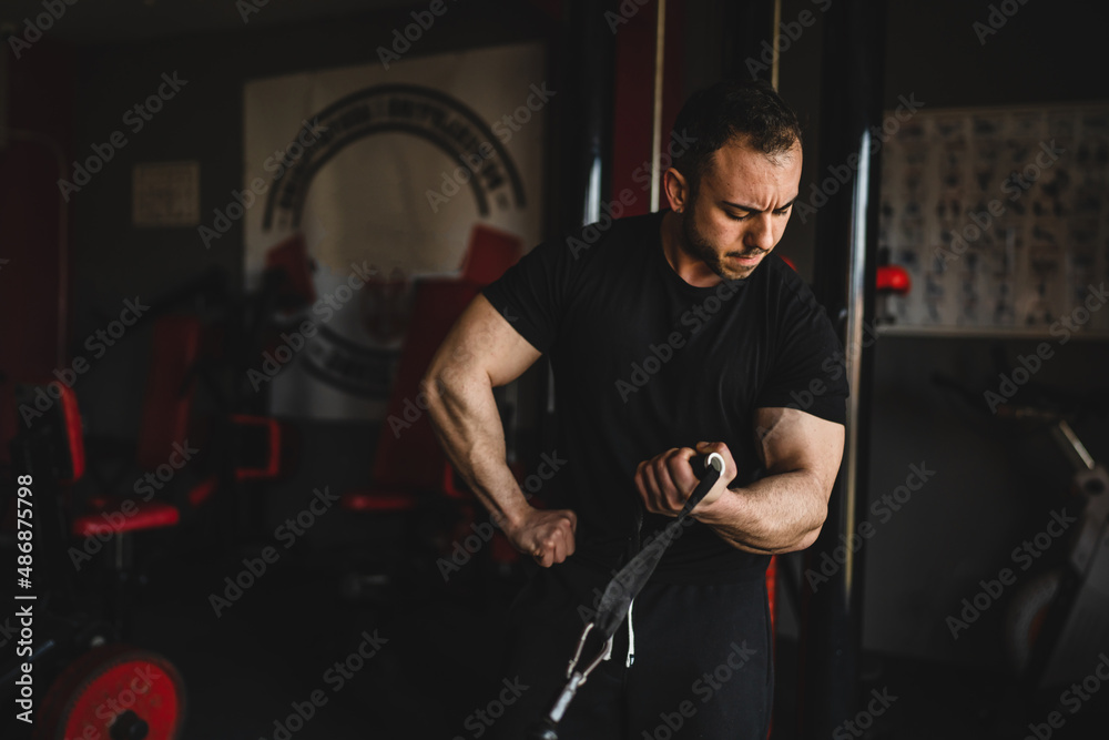 One man young adult caucasian male bodybuilder training arms bicep on the cable machine in the ...
