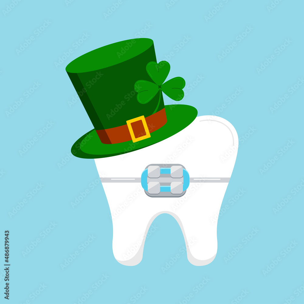 St Patrick day tooth in braces in green leprechaun hat with clover ...