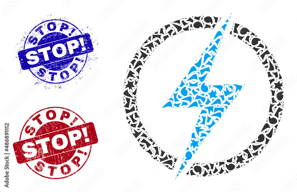 Round STOP! rough rubber prints with caption inside round shapes, and ...