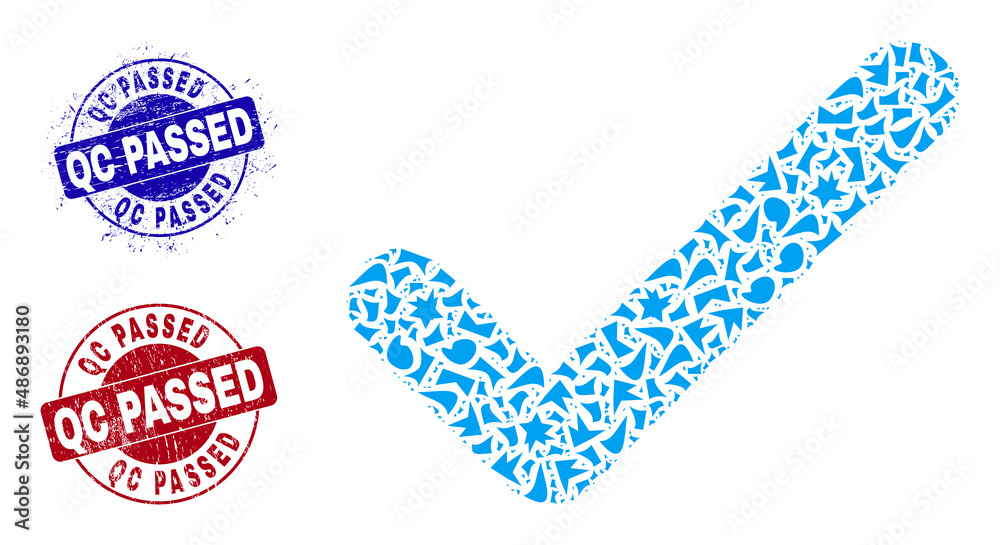 Round QC PASSED corroded stamps with word inside round shapes, and ...