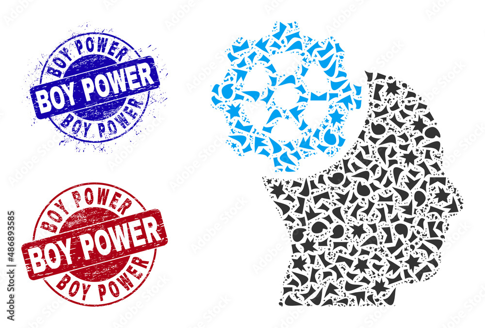 Round BOY POWER corroded stamps with caption inside round forms, and ...