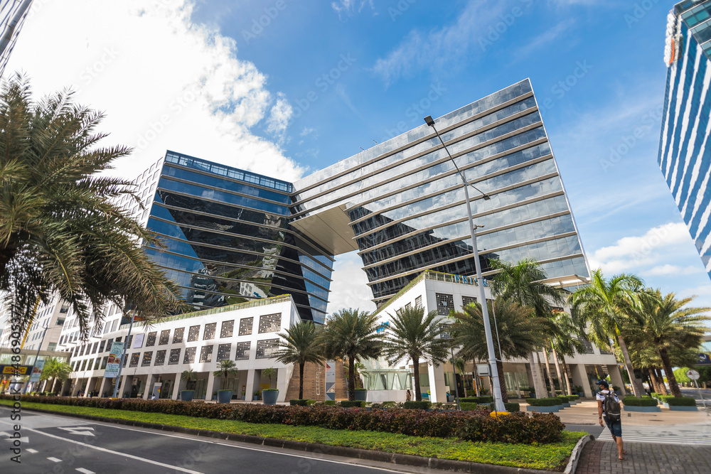 Pasay, Metro Manila, Philippines - Feb 2022: Two E-Com Center, a modern mid-rise office building ...