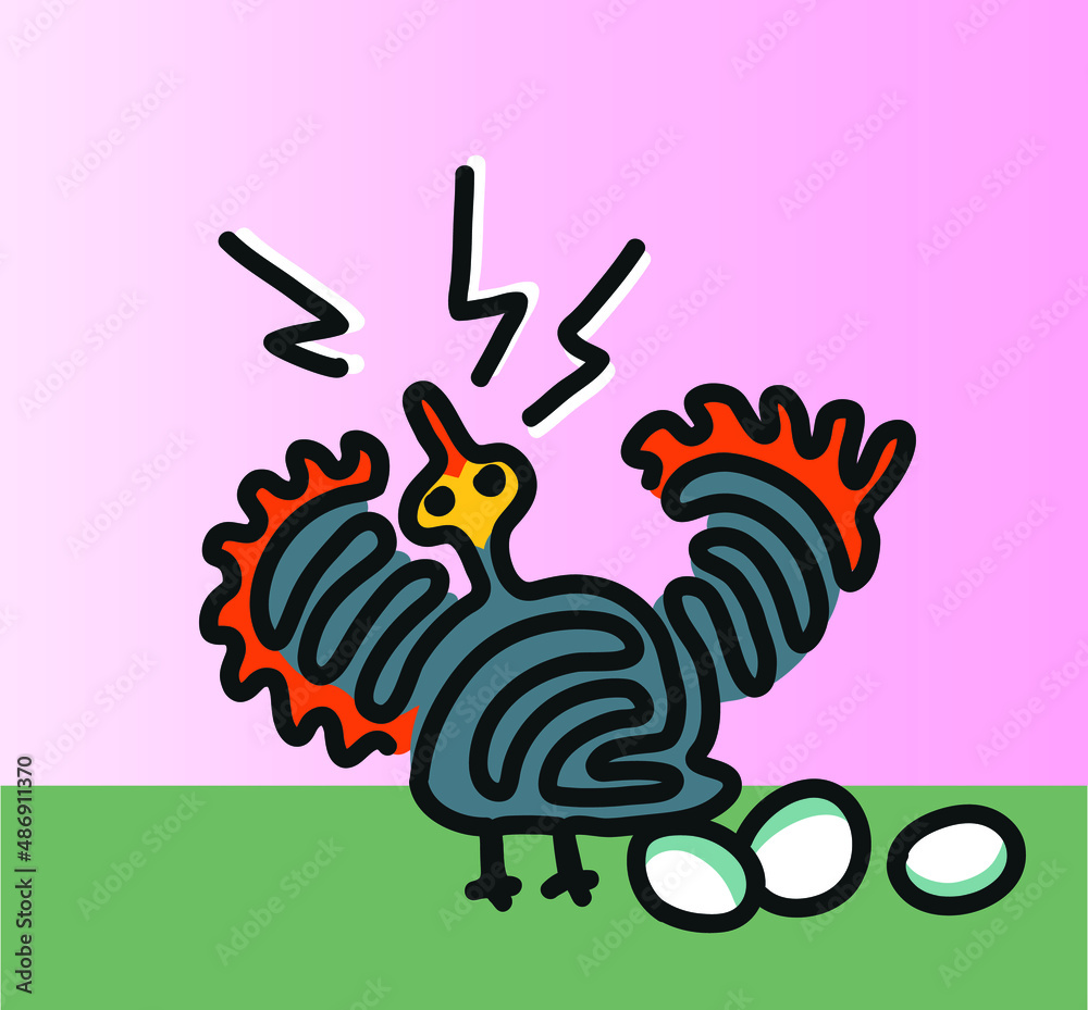 Cartoon style illustration of bird with her eggs. Line drawing ...