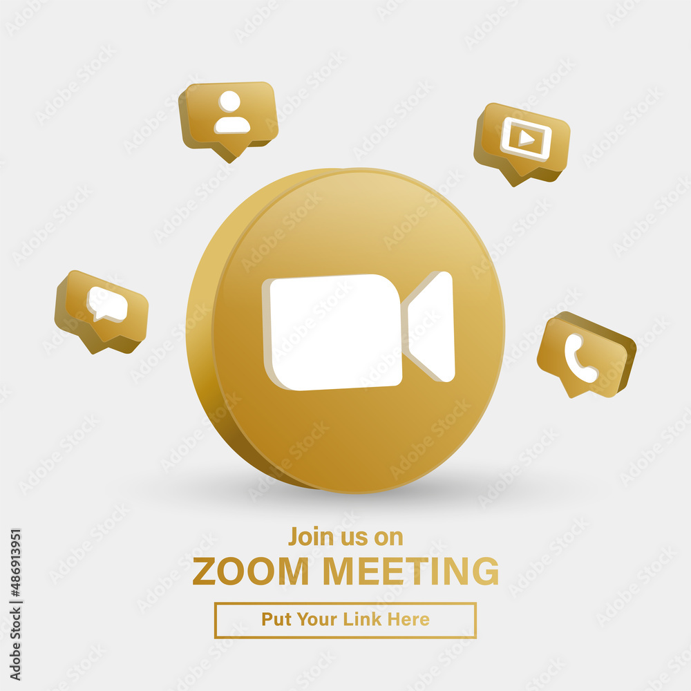 join us on zoom meeting for social media icons banner in 3d golden ...