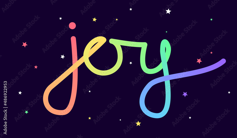 Fluid curved text Joy in rainbow colours. Round font in 3D effect with ...
