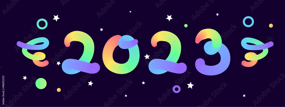 Fluid curve numbers 2023 in rainbow colours. Round font in 3D effect ...