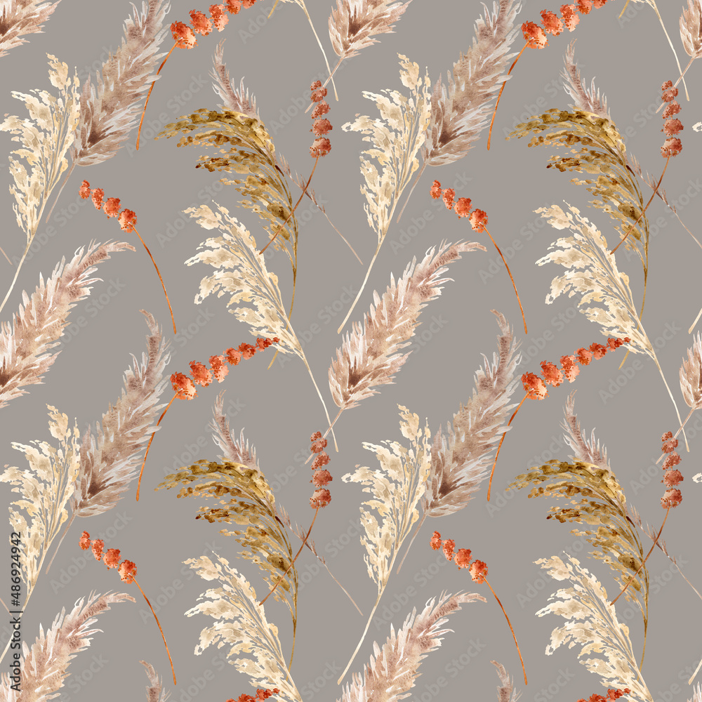 Watercolor pampas grass seamless pattern. Hand drawn pampas grass ...