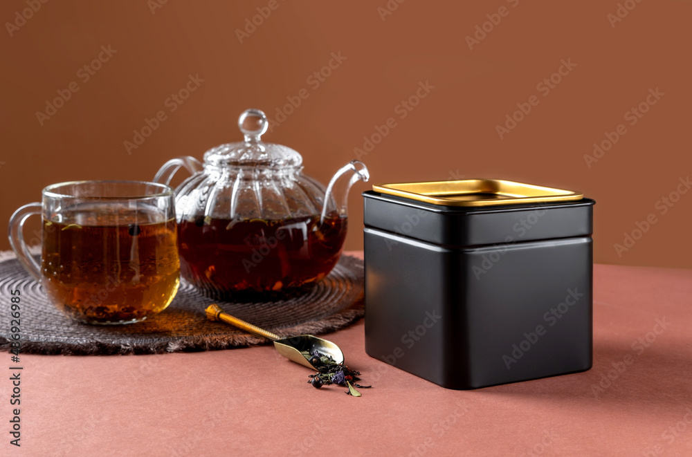 Black metal packaging for tea. Tea branding and packaging mockup. Blank ...