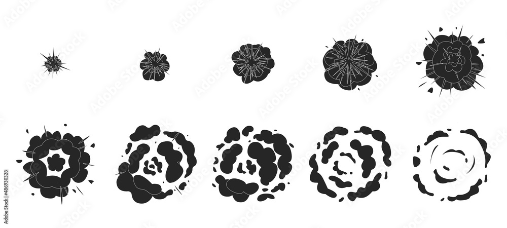 Explosion process isolated black set icon. Vector illustration effect ...