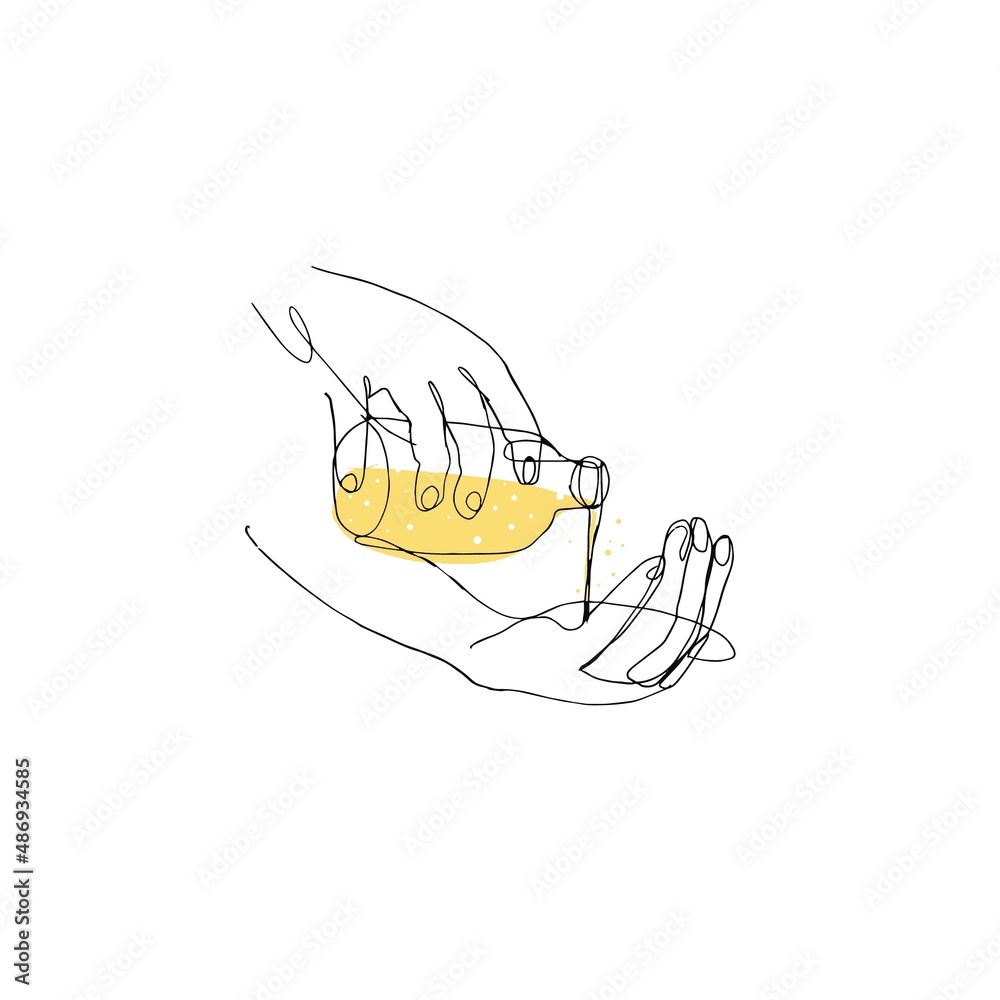 Line drawing. Vector illustration. Oil bottle in hand. Hand massage oil ...
