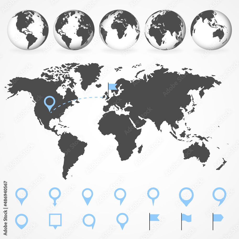 Planet Earth. The Earth, World Map on white background. Map marker ...