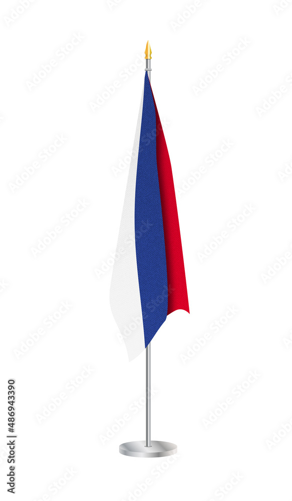 Flag of the Russia on steel flagpole. Russian Flag isolated on white ...