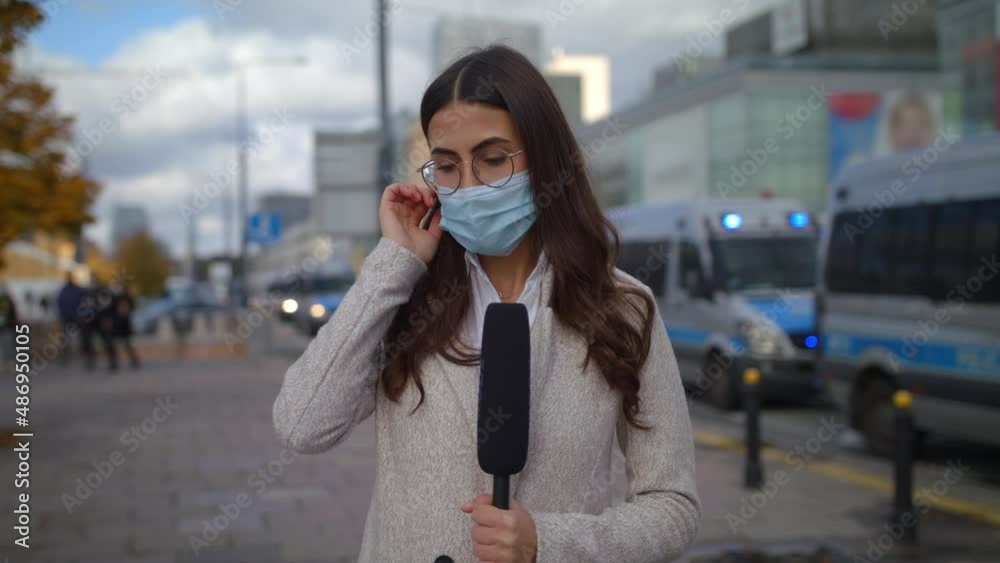 Reporter Talks To The Studio On The Receiver Woman Journalist In Face ...