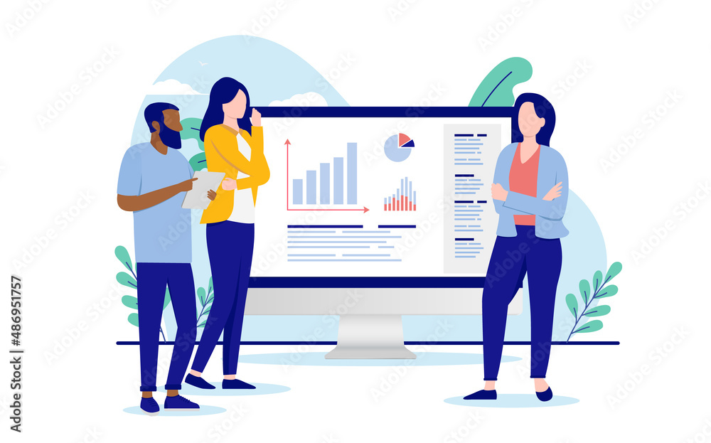 Casual people analysing data - Three businesspeople and computer with ... Casual people analysing data - Three businesspeople and computer with ...