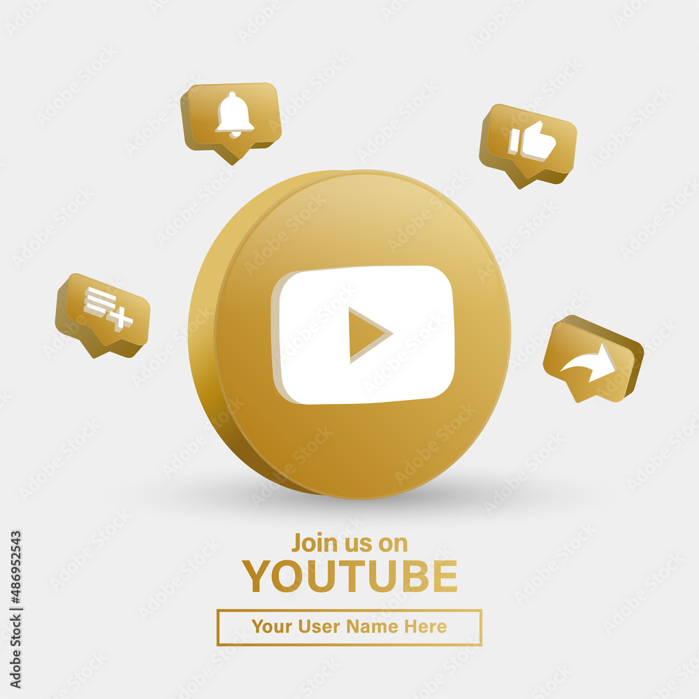 join us on youtube for social media icons banner in 3d golden circle ...