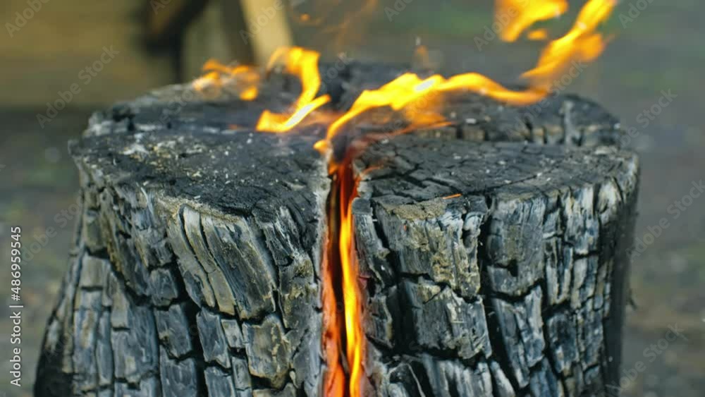 Swedish or finnish log candle. Fire burning from inside the wooden log ...