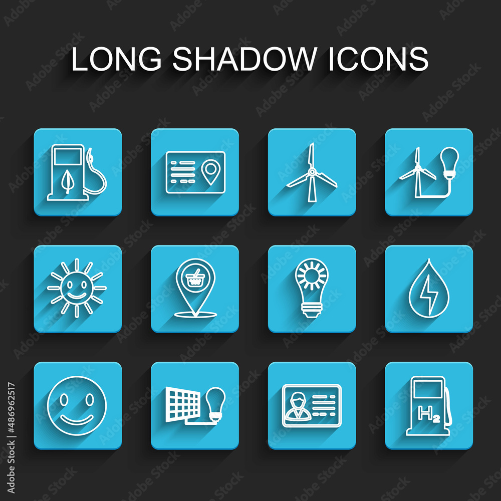 Set line Smile face, Solar energy panel and light bulb, Bio fuel with ...