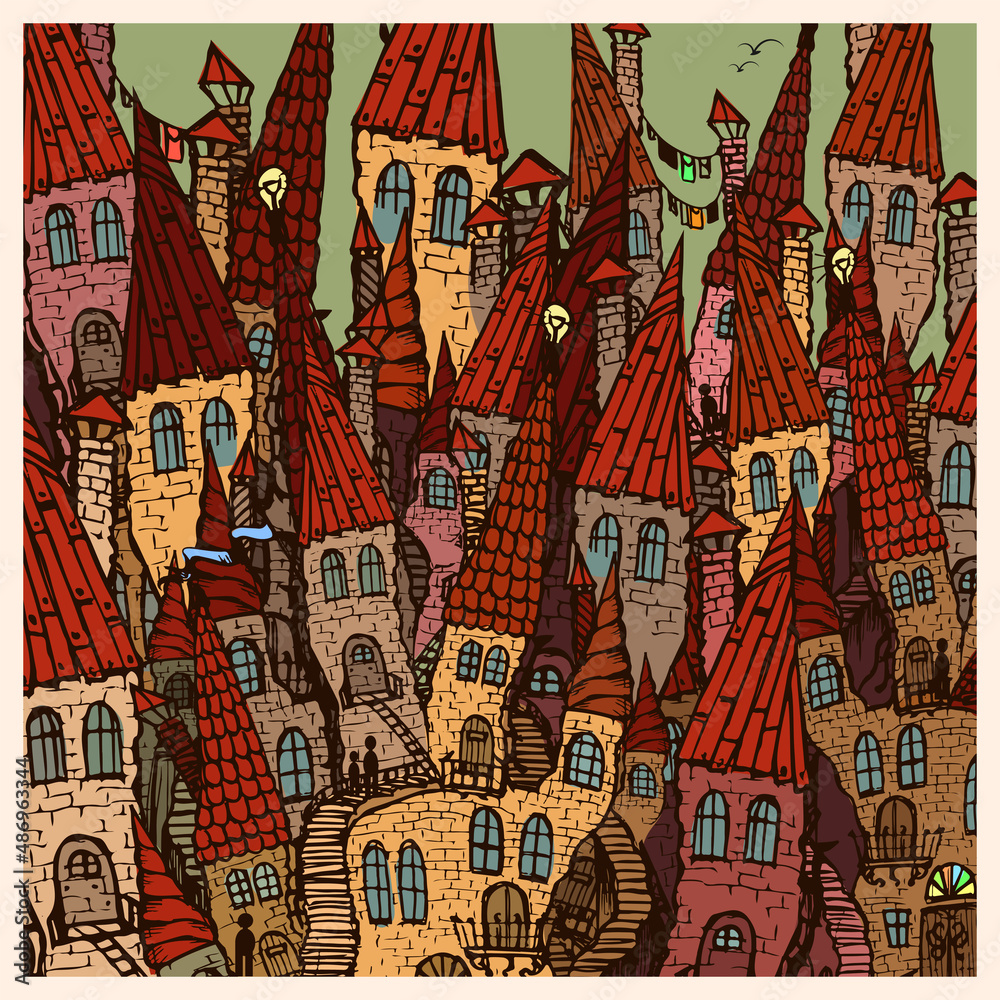 Old cartoon town. Painted sketch in a vintage color palette. Brick ...