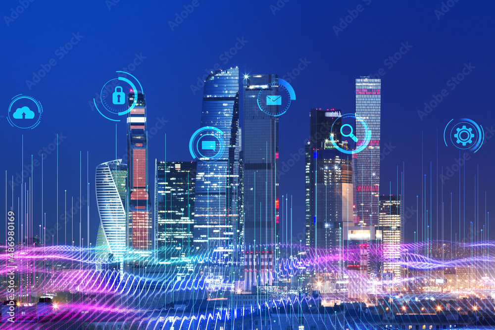 Smart city and digital transformation concept with digital glowing ...