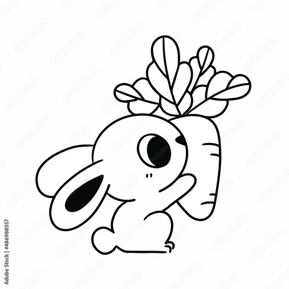 Cute Little Bunny Playing With Carrot Coloring Page Doodle Vector ...