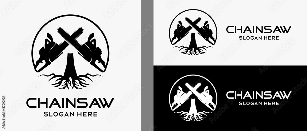 chainsaw logo design template in silhouette with tree icon in circle ...