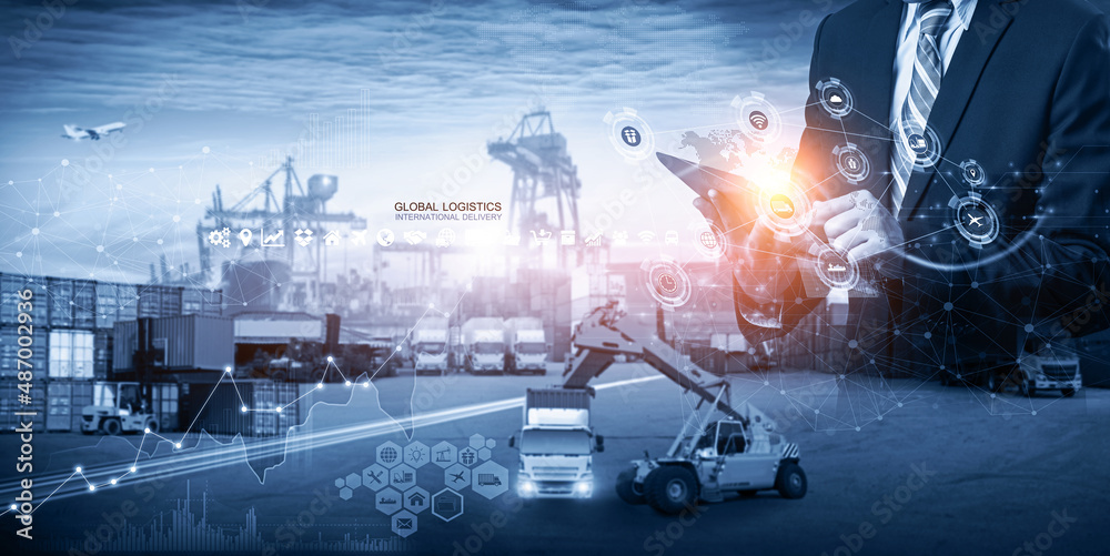 Smart logistics and transportation. Concept, Businessman use tablet and ...