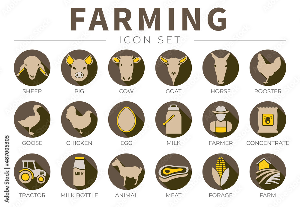 Brown Flat Farming Icon Set of Sheep, Pig, Cow, Goat, Horse, Rooster ...