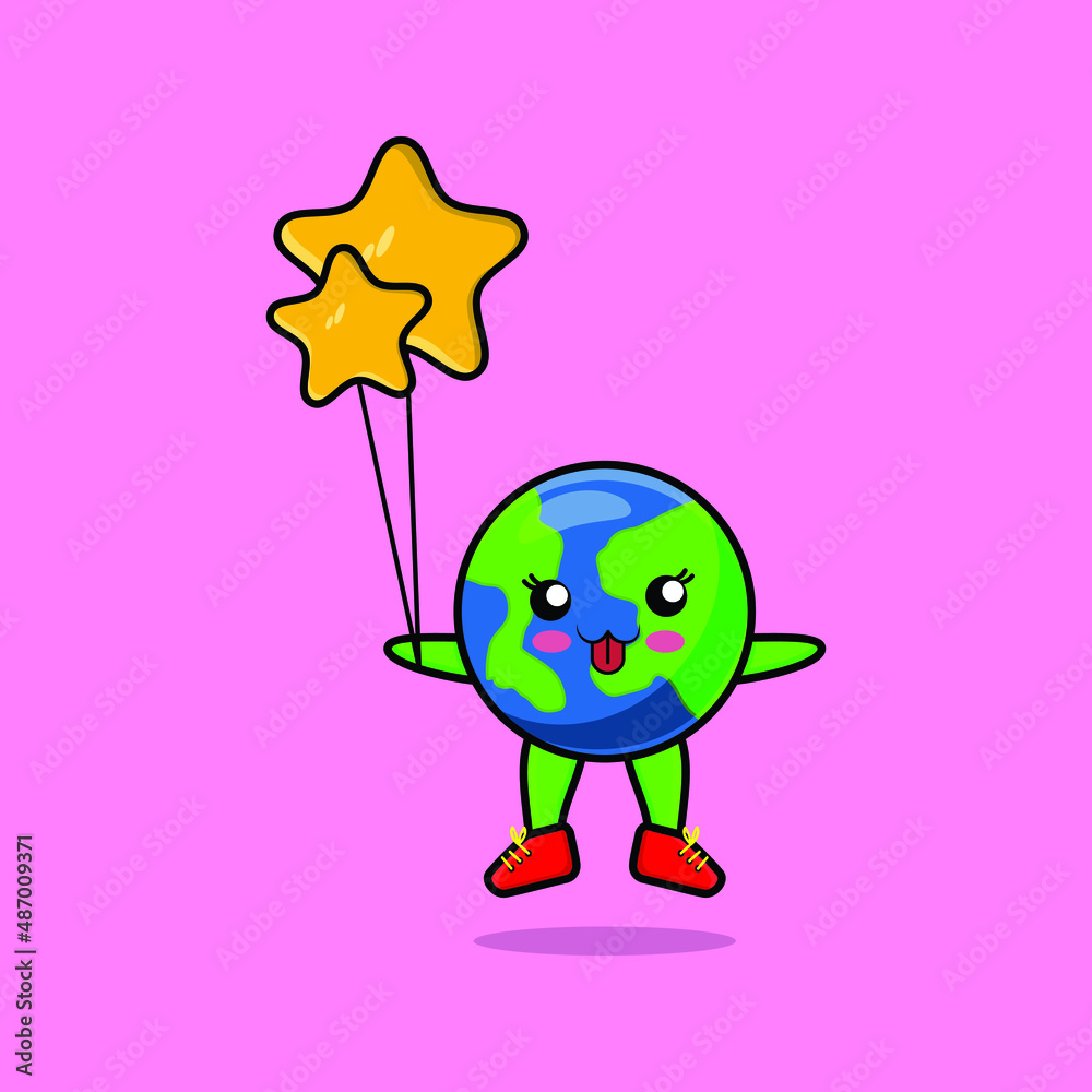 Cute cartoon earth floating with star balloon cartoon vector ...