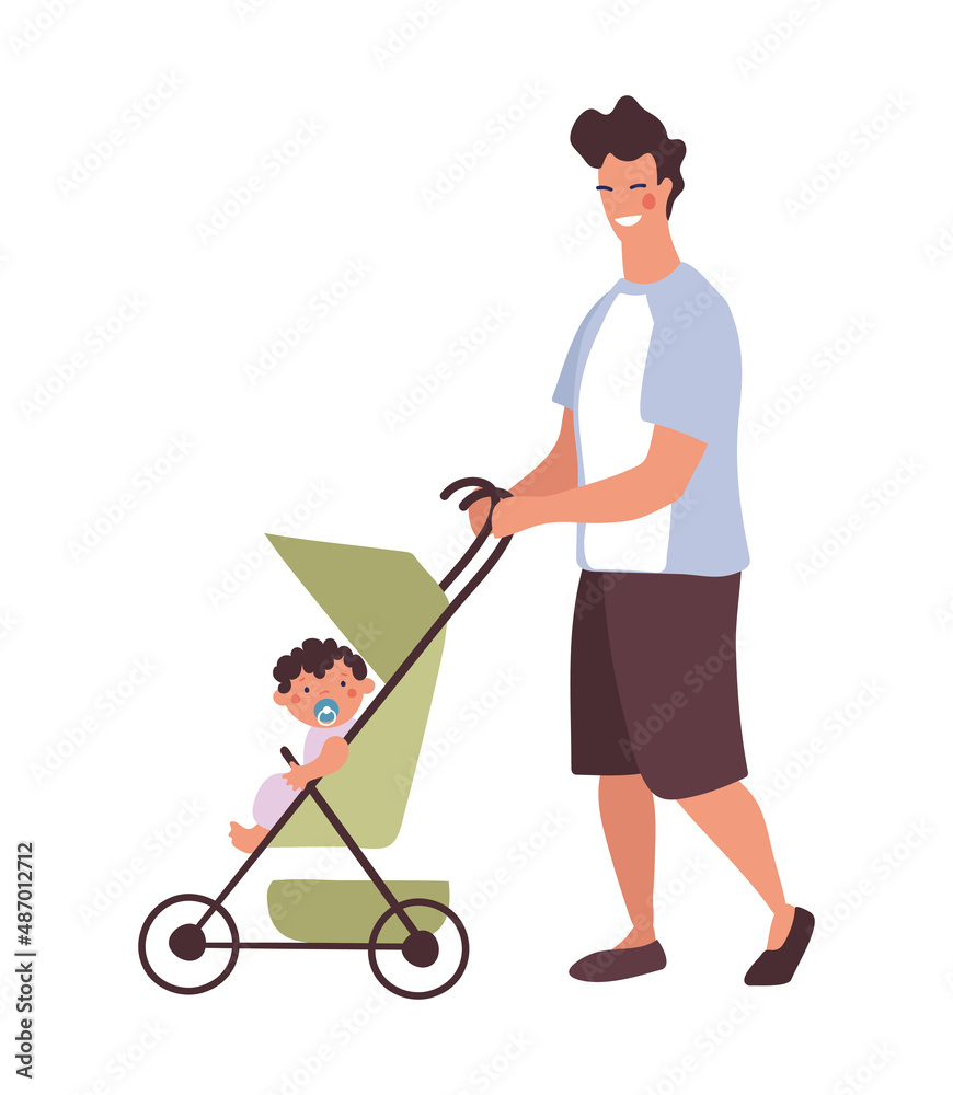 Father walks with the baby in a stroller. Flat cartoon vector ...
