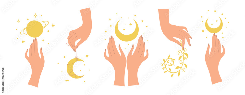Women s hand with moon and crescent, a set of magical female icons for ...