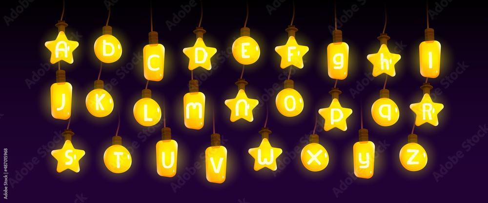 Light bulb font alphabet, cartoon sans serif characters inside of ...