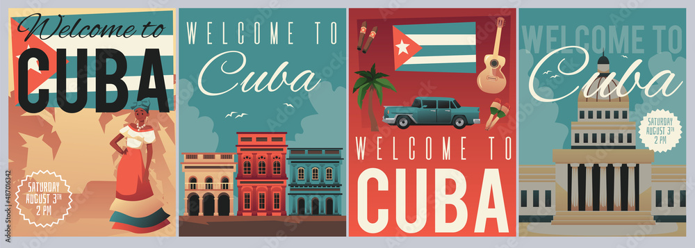 Welcome to Cuba posters set with traditional Cuban culture elements ...