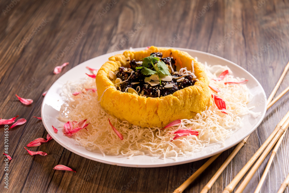 deep fried crispy yam taro ring with barbeque pork ribs and sliced ...