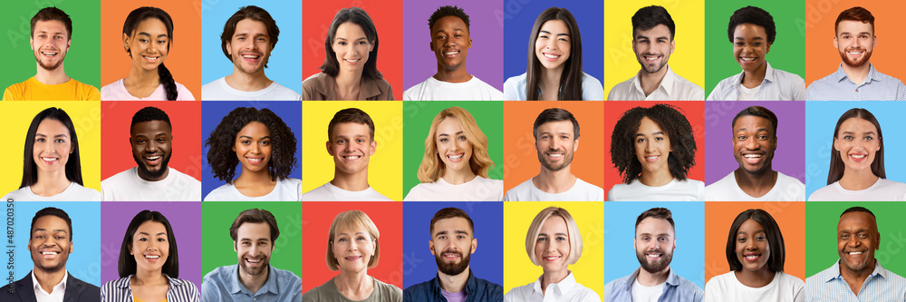 Set of multicultural people faces showing positive emotions to camera ...
