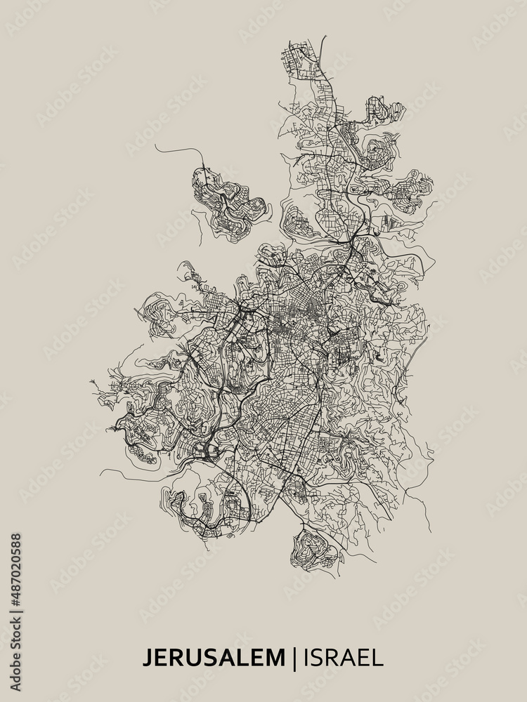 Jerusalem (Israel) street map outline for poster. High printable detail ...