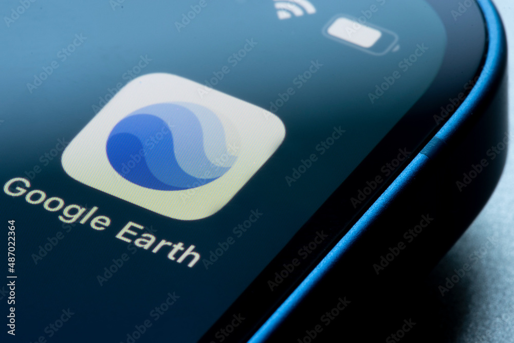 Portland, OR, USA - Feb 10, 2022: Closeup of the Google Earth app icon seen on an iPhone. Google ...
